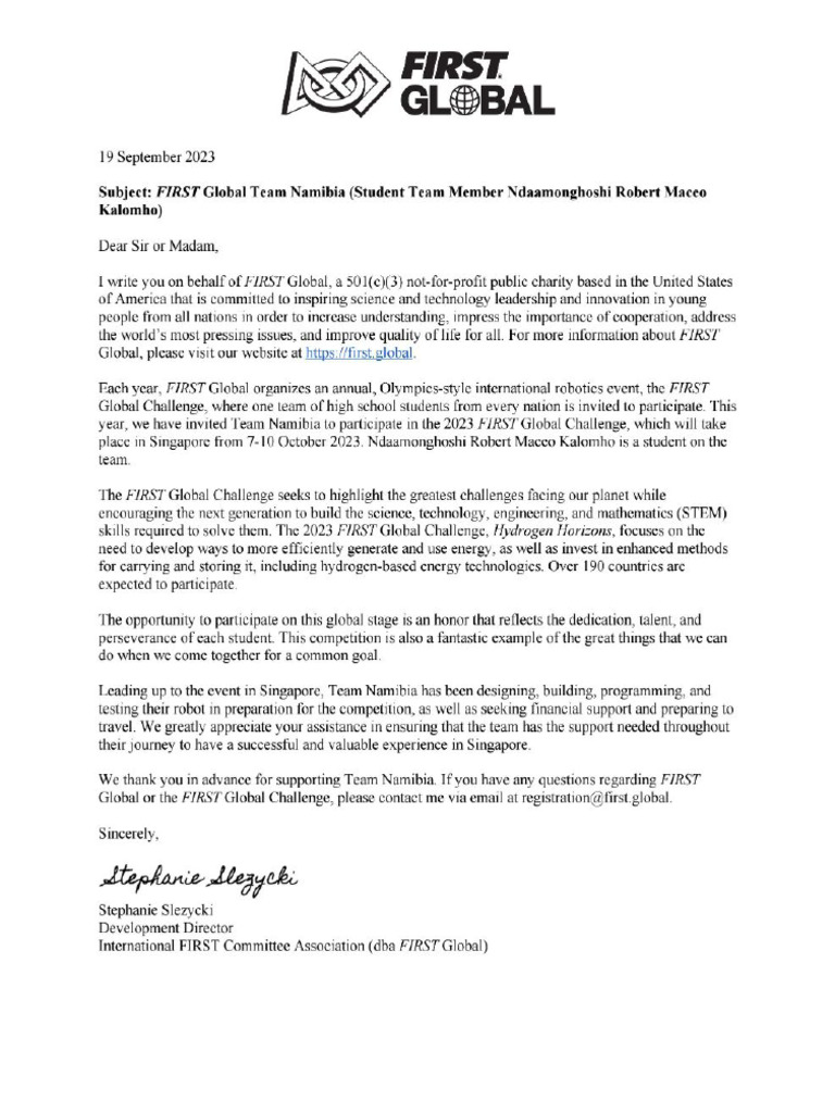 2023 FGC Team Namibia Invitation Letters (RK) | PDF