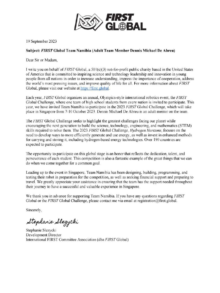 2023 FGC Team Namibia Invitation Letters (DD) | PDF