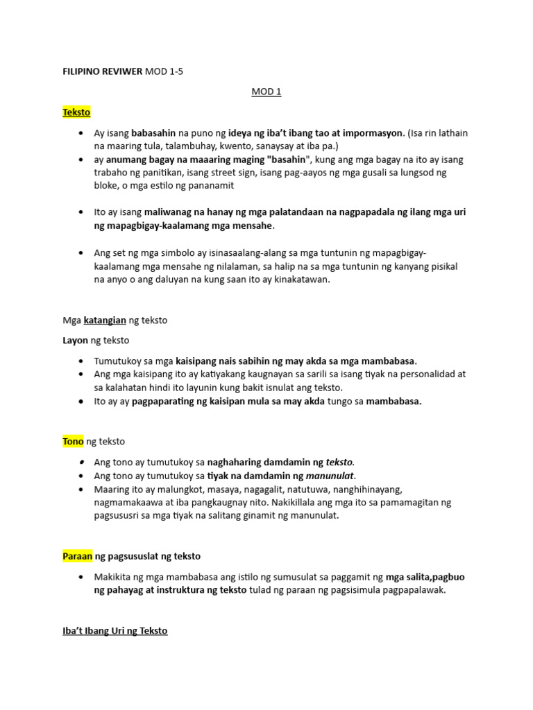 FILIPINO 8 REVIWER MOD 1-5 Q3 | PDF