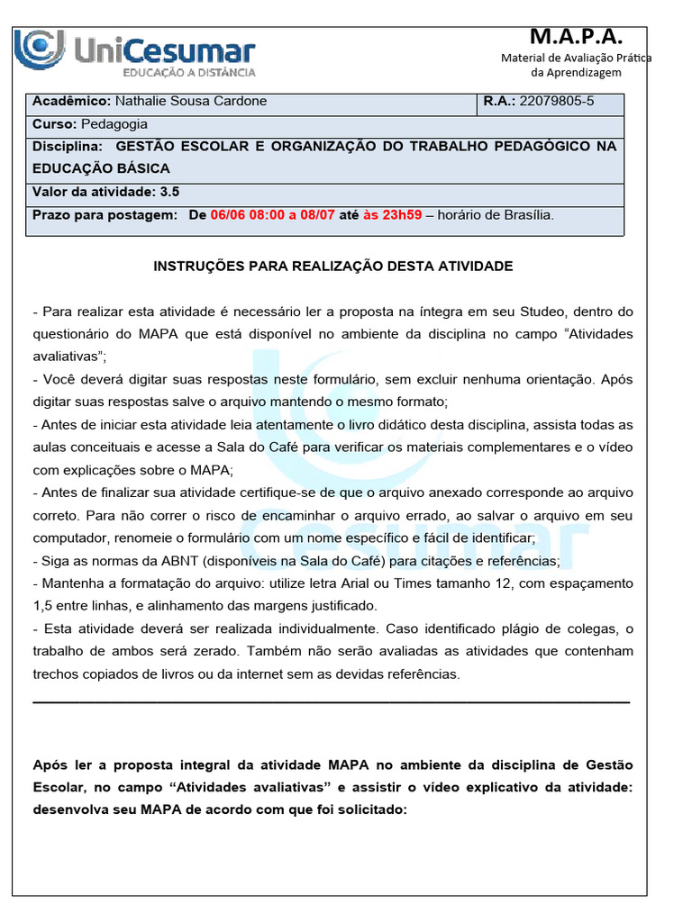 Mapa Gestão Escolar Unicesumar | Download grátis PDF | Pedagogia | Escolas