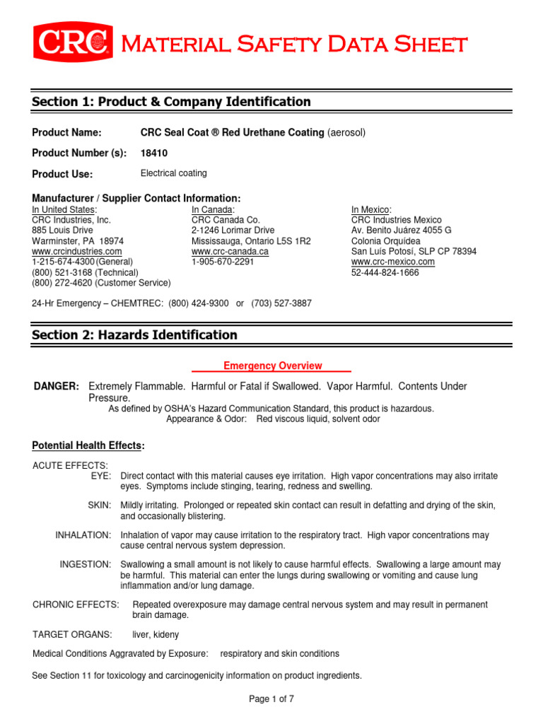 MSDS CRC Red Urethane Seal Coat | PDF | Dangerous Goods | Superfund