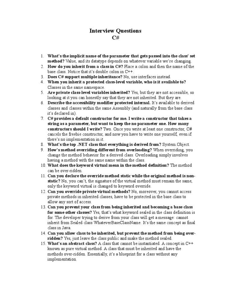 C Sharp Interview Questions Pdf Class Computer Programming Inheritance Object Oriented