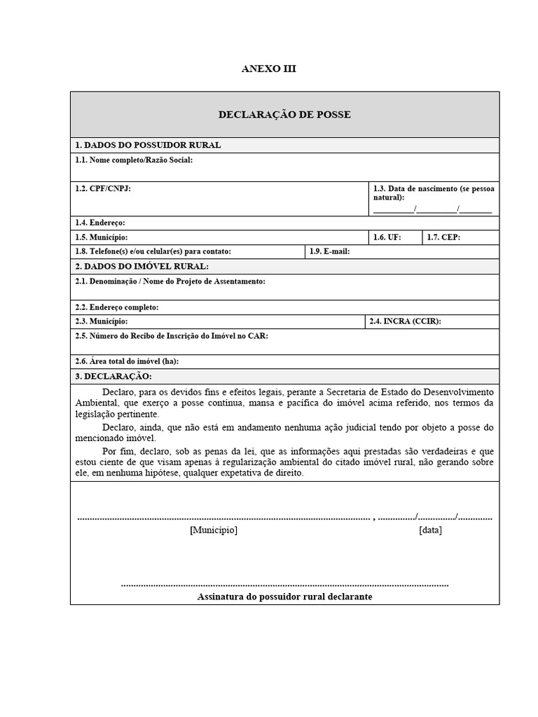 DECLARAÇÃO DE POSSE INCRA | PDF