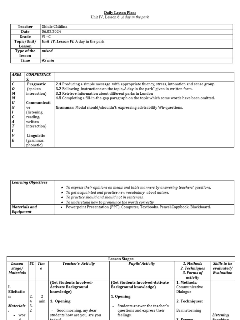 The Day in The Park Cl.6 | PDF | Vocabulary | Communication