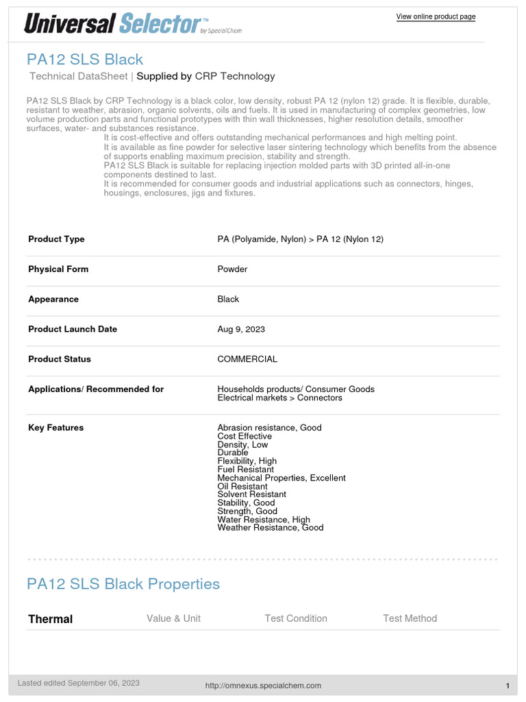 PA12 SLS Black Nylon 12 Datasheet | PDF | Materials | Physical Sciences