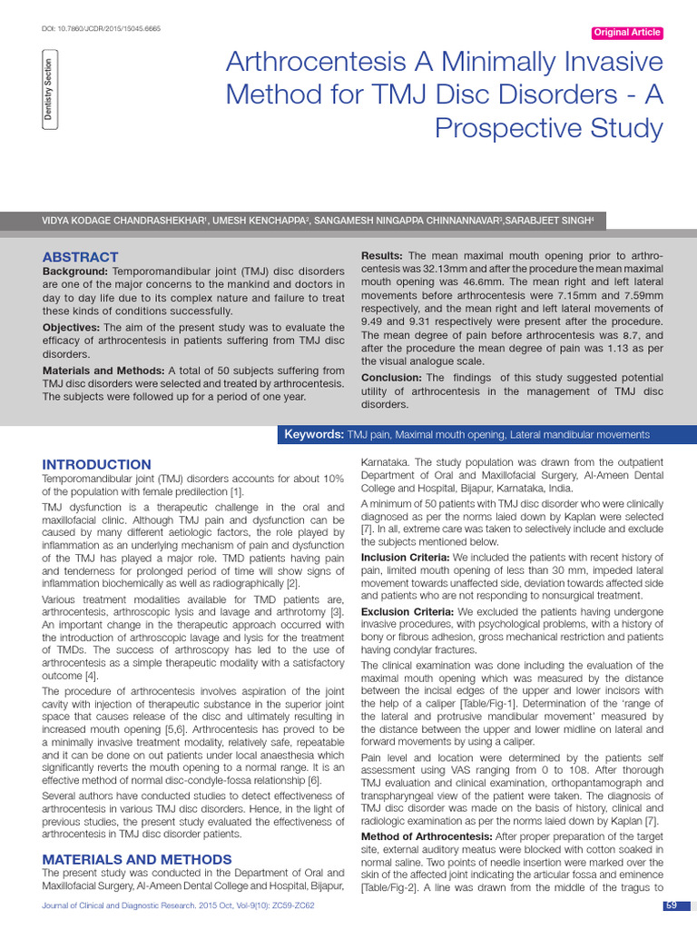Arthrocentesis A Minimally Invasive Method For TMJ Disc Disorders A ...