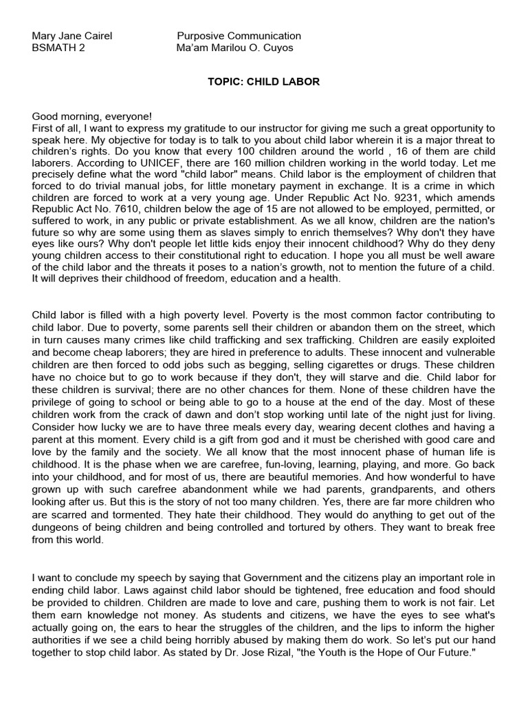 Speech | PDF | Child Labour | Poverty