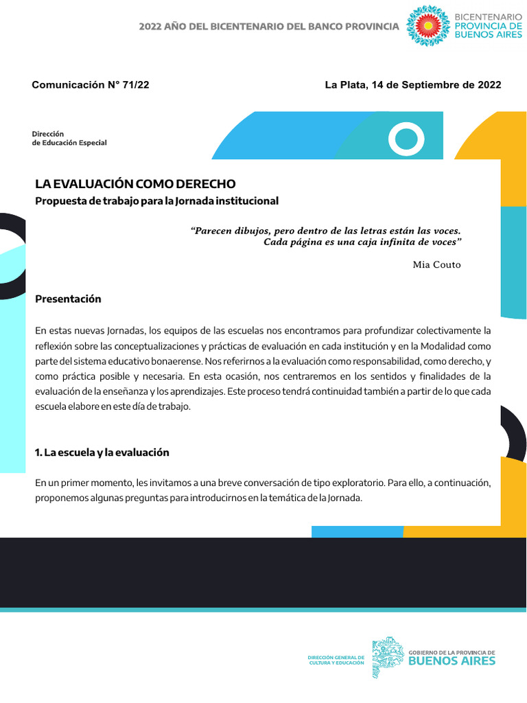 Comunicaci N 71 22 La Evaluaci N Como Derecho Propuesta de Trabajo | PDF | Enseñando | Evaluación