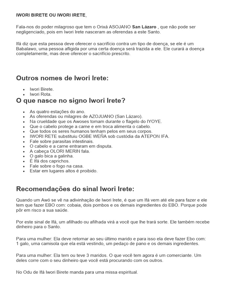 Iwori Birete Ou Iwori Irete | PDF | Primavera | Sacrifício