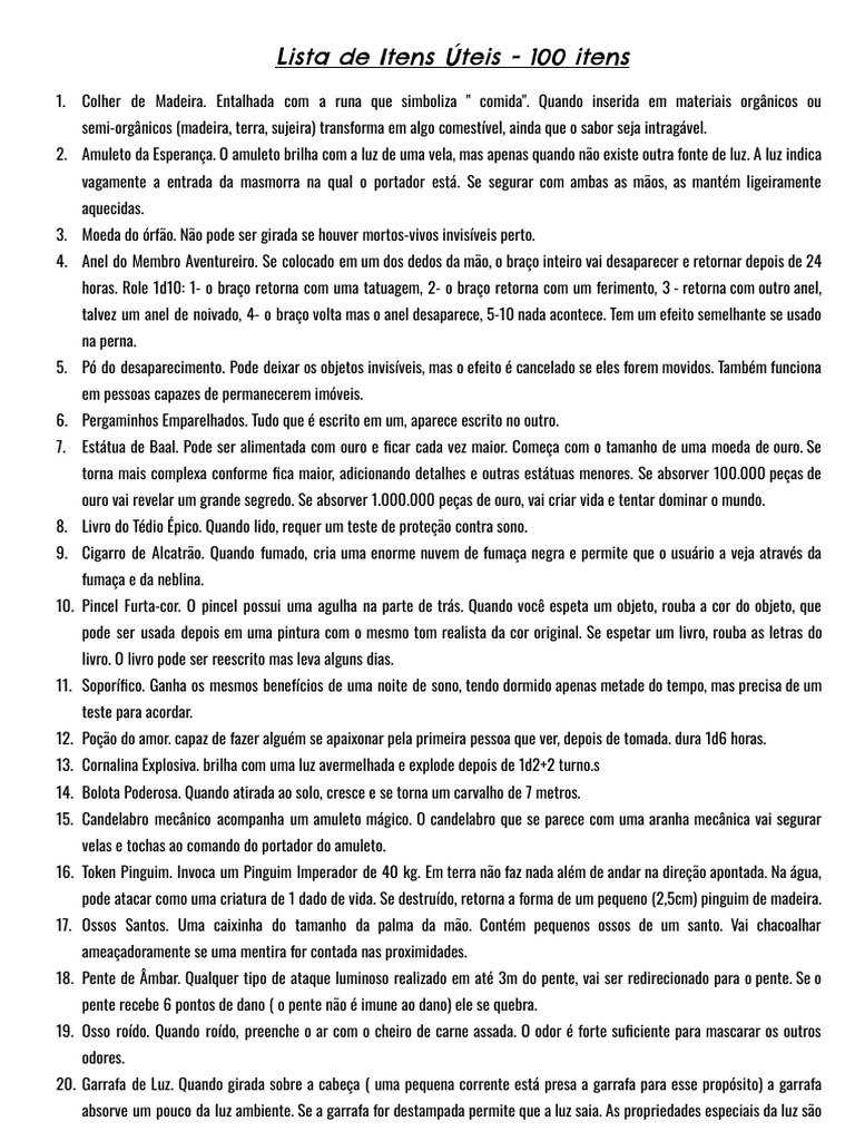 Lista de Itens Uteis - 100 Itens | PDF | Cavalos | Amuleto
