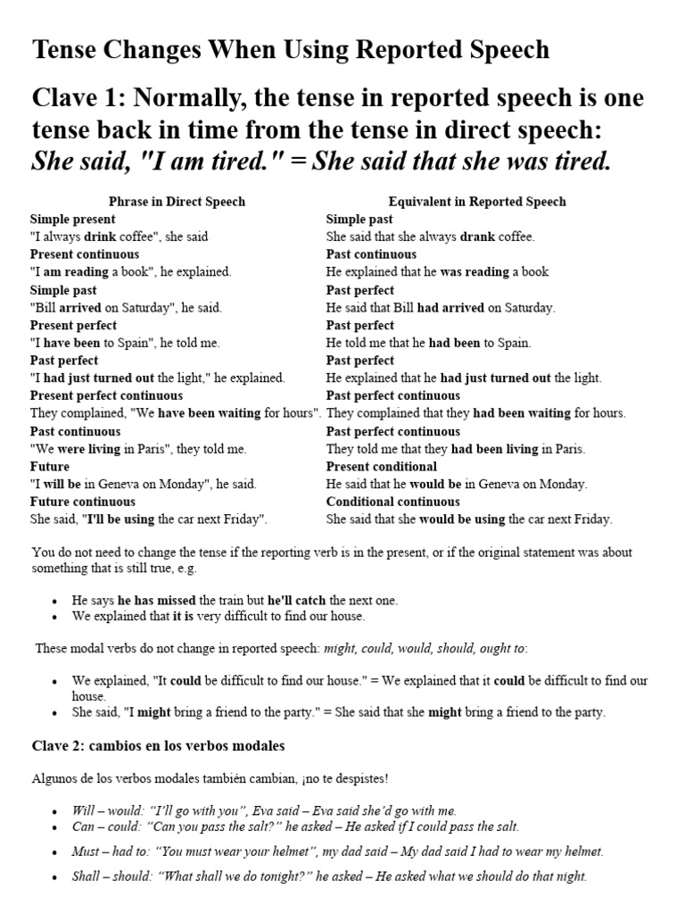 Tense Changes When Using Reported Speech Grammar | PDF | Verb ...
