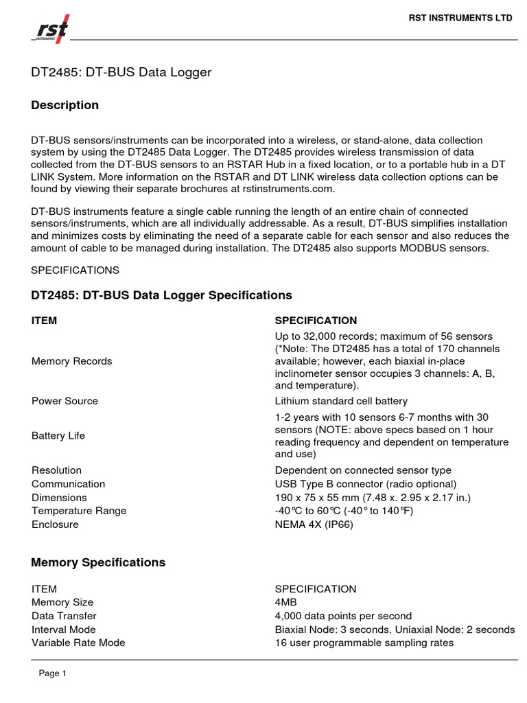 DT2485 Data Logger for DT-BUS Sensors | PDF | Usb | Electrical Engineering
