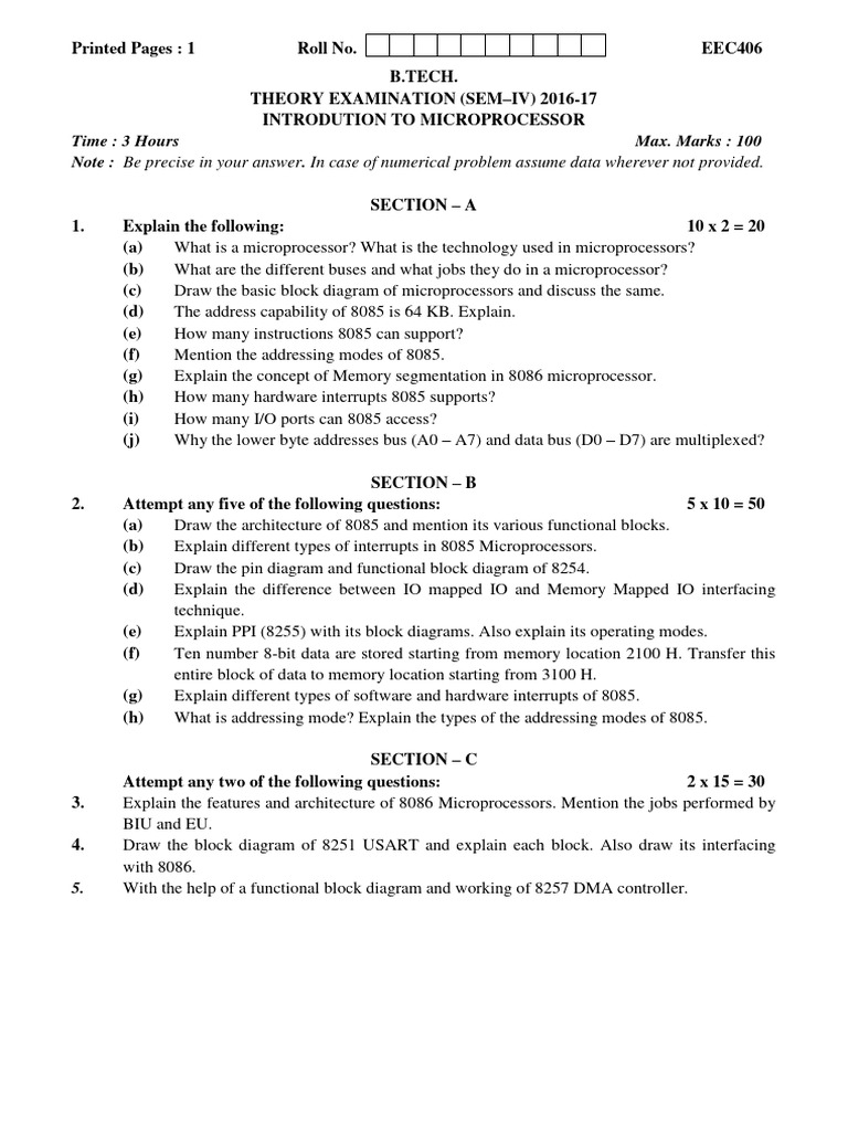 27 Btech Ec 4 Sem Introduction To Microprocessor Eec 406 2016 17 | PDF