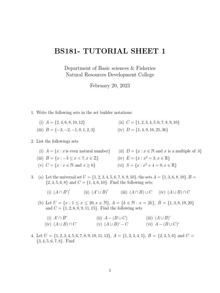 BS181 Tutorial Sheet 1 | PDF