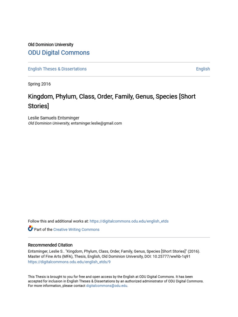 Kingdom Phylum Class Order Family Genus Species (Short Stor | PDF | Thesis