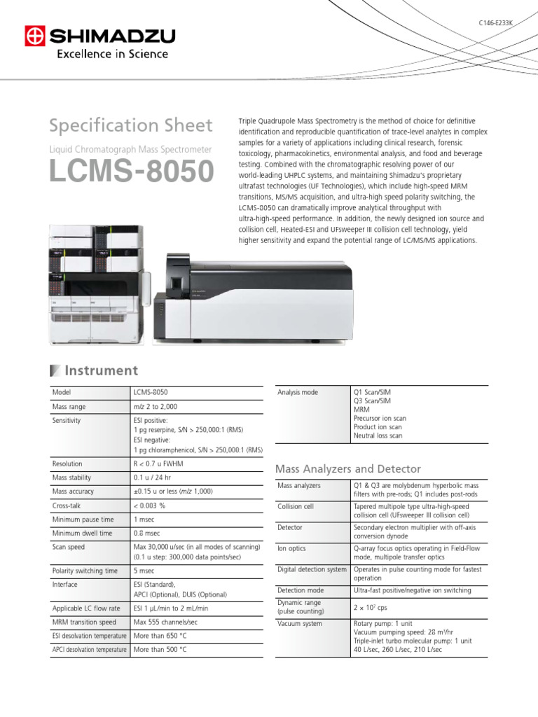 sHIMADZU - Specification Sheet - LCMS-8050 | PDF | Tandem Mass Spectrometry | Laboratory Techniques