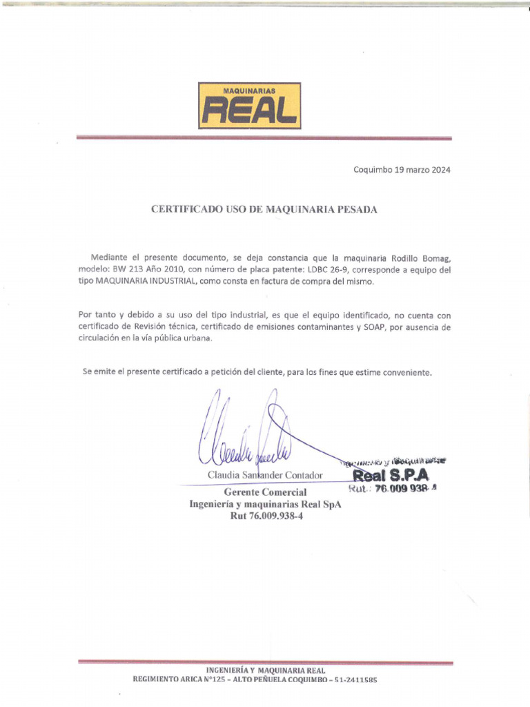 Certificado de Maquinaria Pesada Sin RV TEC, GASES Y SOAP | PDF