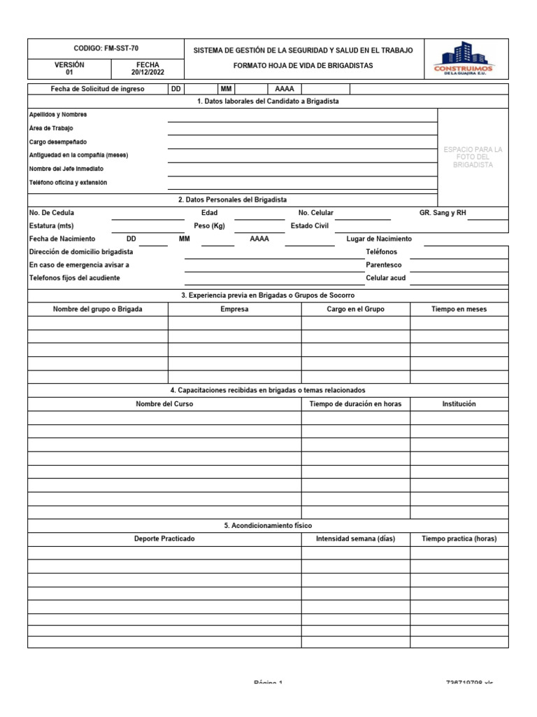 FM-SST-70 Formato Hoja de Vida Brigadistas | PDF FM-SST-70 Formato Hoja de Vida Brigadistas | PDF