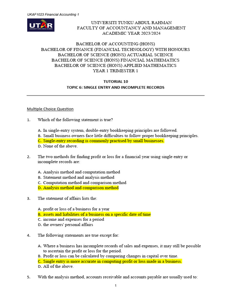 Tutorial 10 Q Single Entry and Incomplete Records | PDF | Business ...