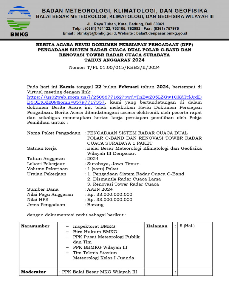 BA Reviu DPP Radar Cuaca Surabaya - 22022024 | PDF