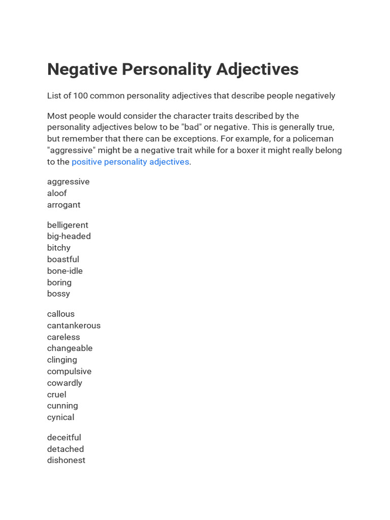 Negative Personality Adjectives | PDF