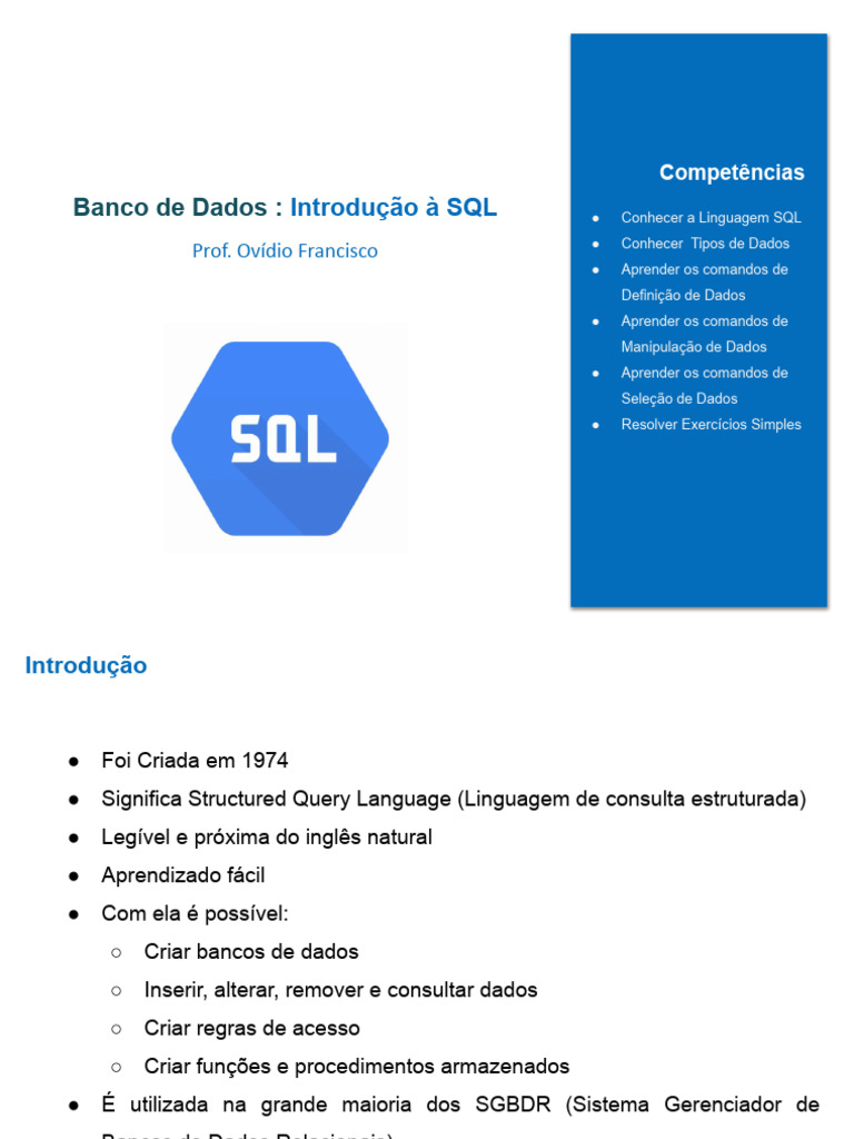 Aula 21-08-2023 - Introdução A SQL | PDF | SQL | Bancos de dados
