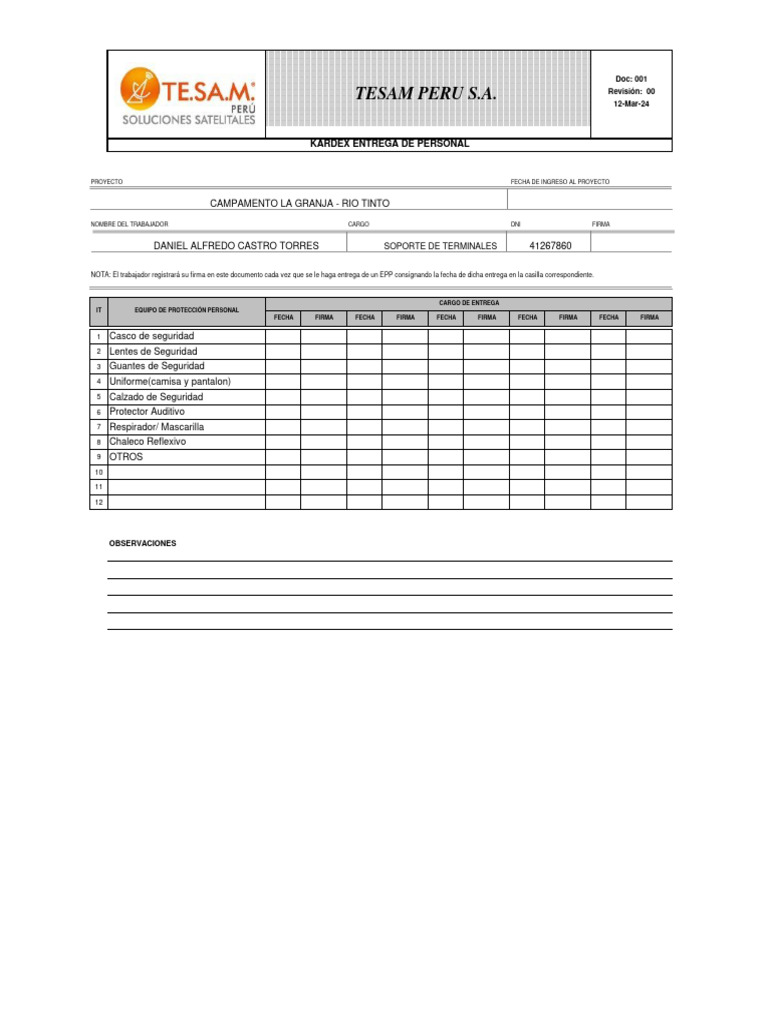 Kardex-de-Entrega-de-EPP-TESAM PERU_Daniel Castro | PDF