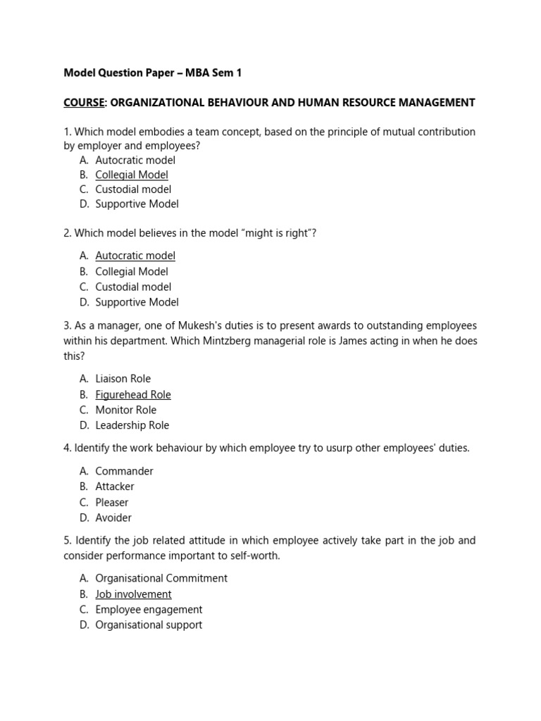 Model Question Paper - MBA Sem 1 Course: Organizational Behaviour and ...