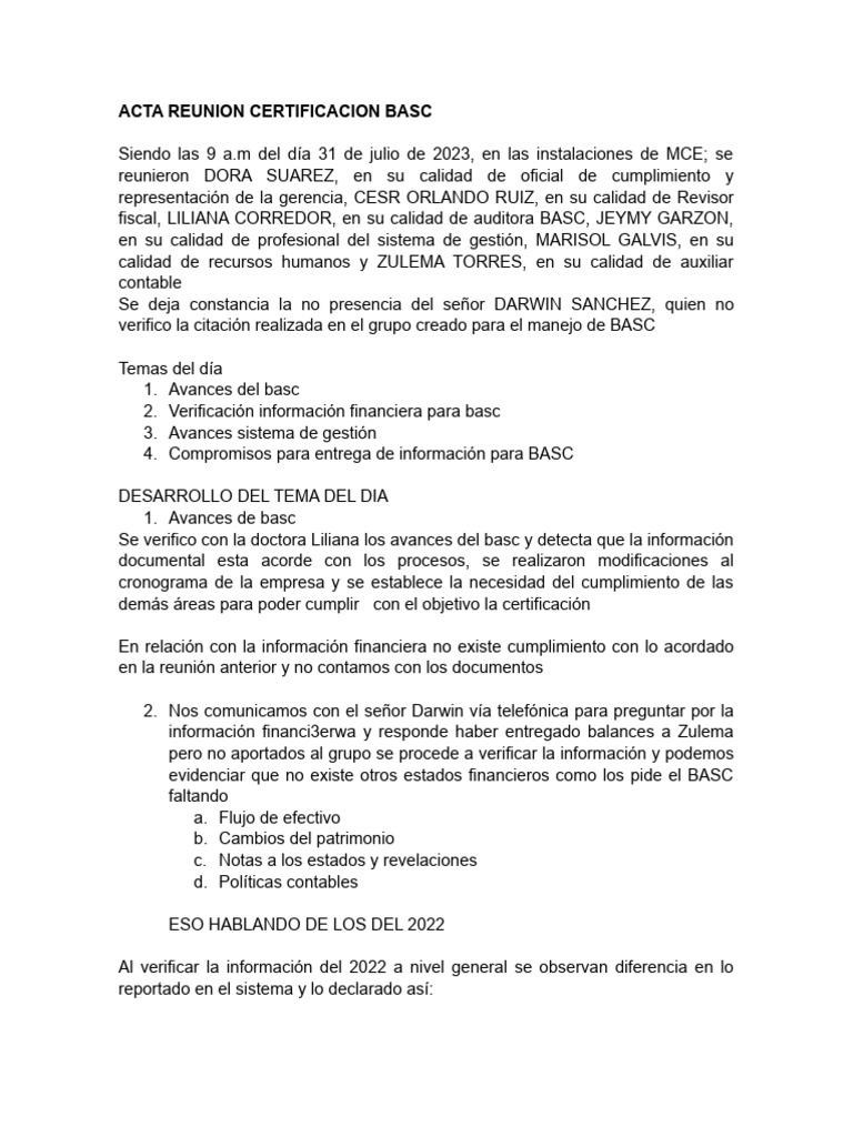 Acta Reunion Certificacion Basc | PDF | Contabilidad