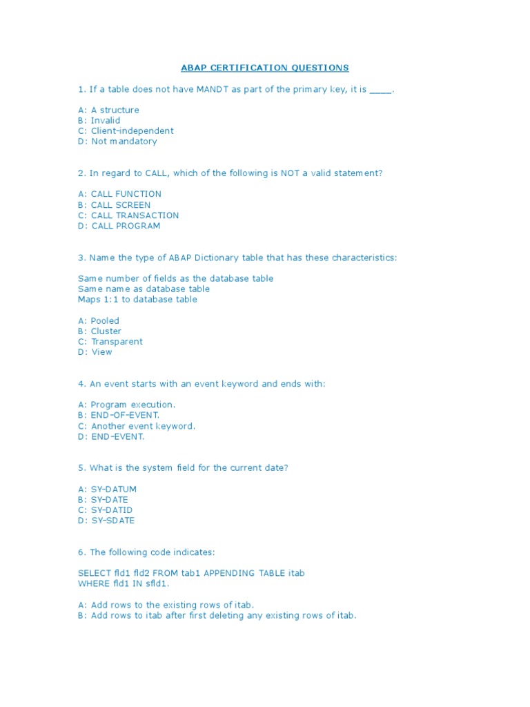 Abap Certification Questions | PDF | C (Programming Language) | Subroutine