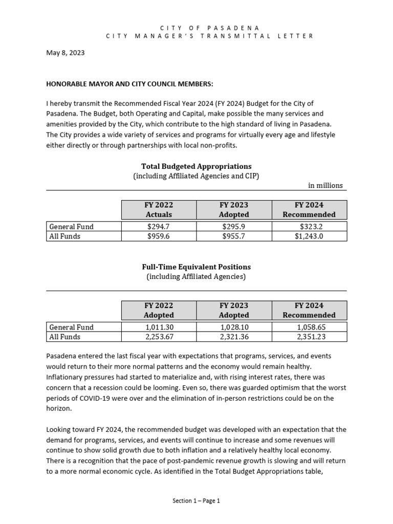 Pasadena FY 2024 Budget Overview | PDF | Fund Accounting | Economies