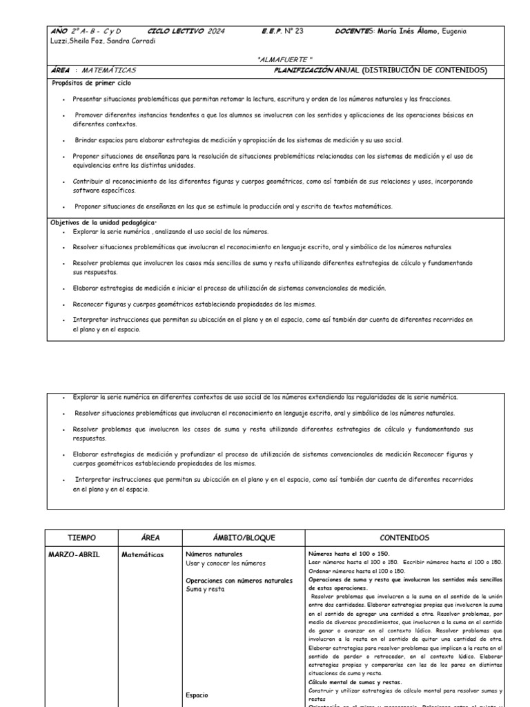 Planificación Anual 2° Matemáticas 2024 Pdf Geometría Sustracción 8430