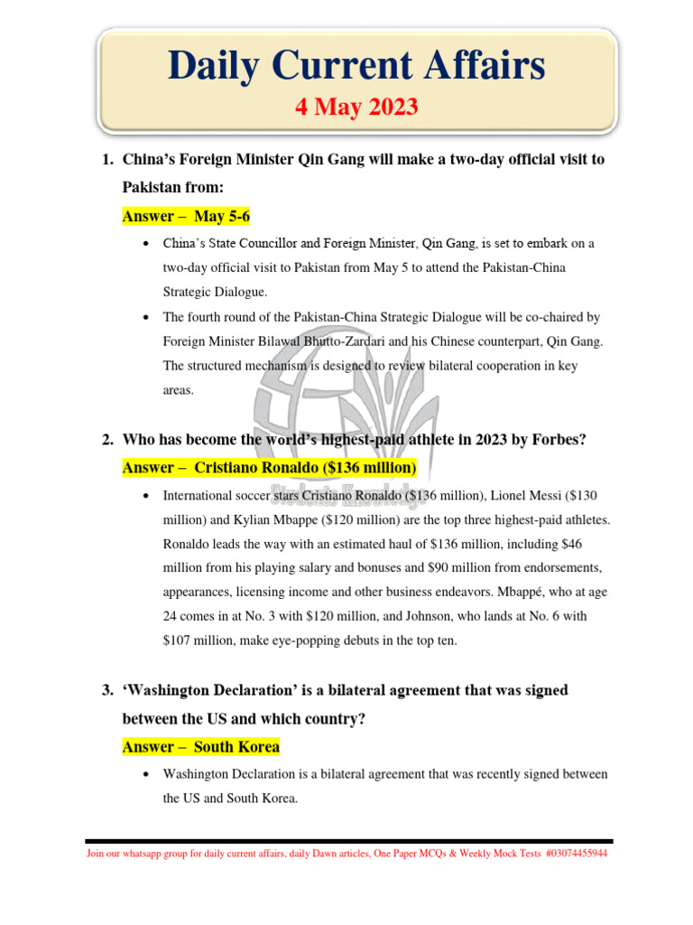 Current Affairs Highlights - May 2023 | PDF | International Relations