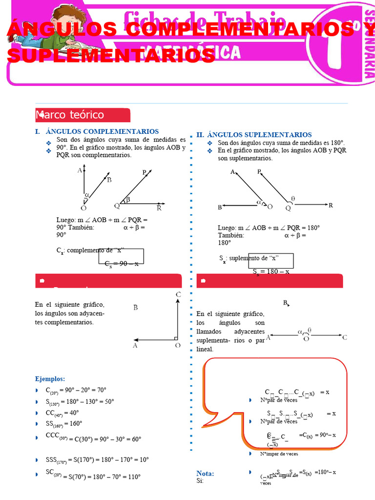 Angulos Complementarios y Suplementarios para Primer Grado de Secundaria | PDF | Ángulo | Geometría
