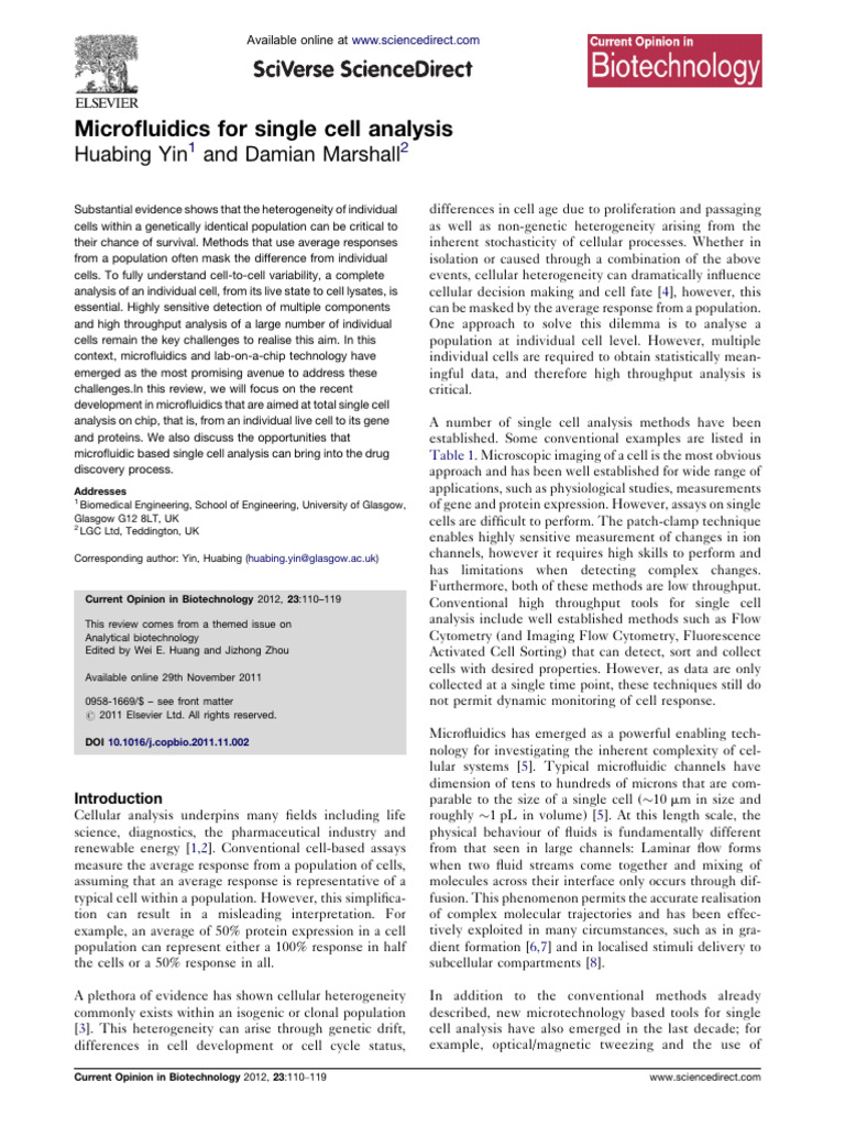 Microfluidics For Single Cell Analysis | PDF | Microfluidics | Proteomics