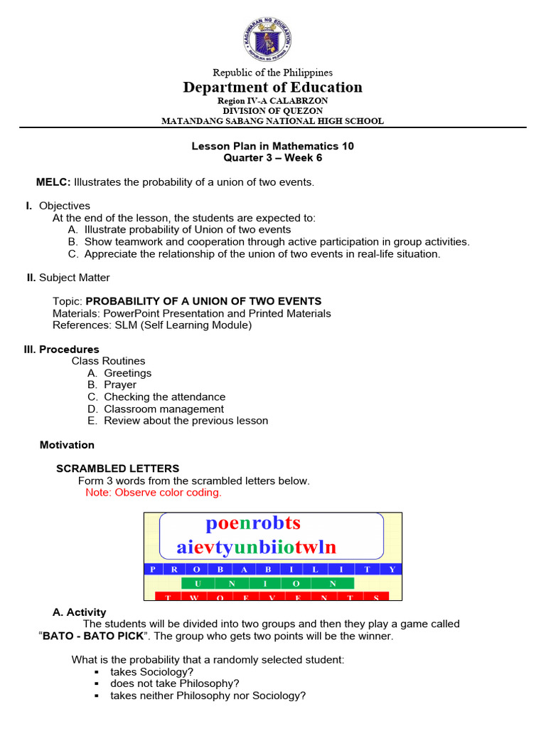 Lesson Plan - Math 10 | PDF | Probability | Spelling