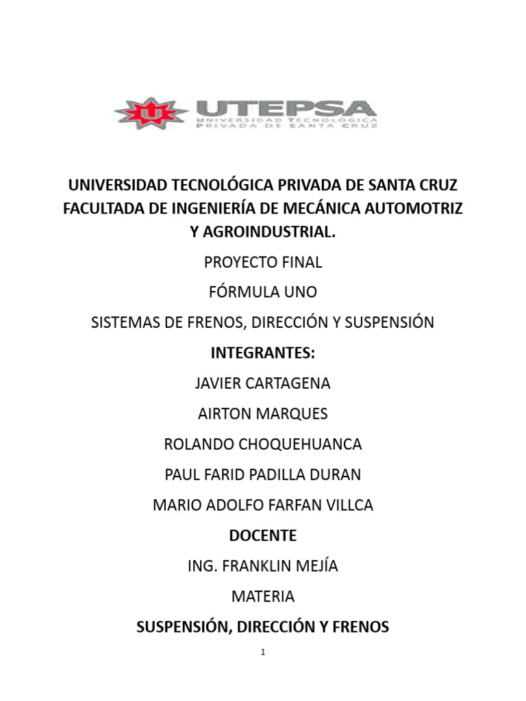 Trabajo Final de Frenos, Direccion y Suspencion Formula Uno11 | PDF ...