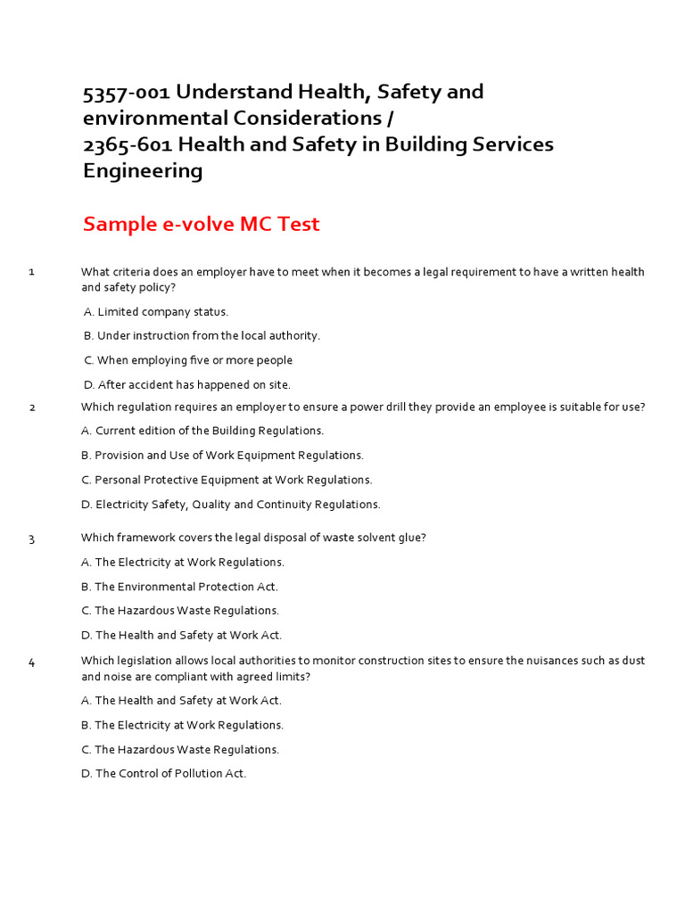 2365-601 Health and Safety Sample Questions | PDF | Hazards ...