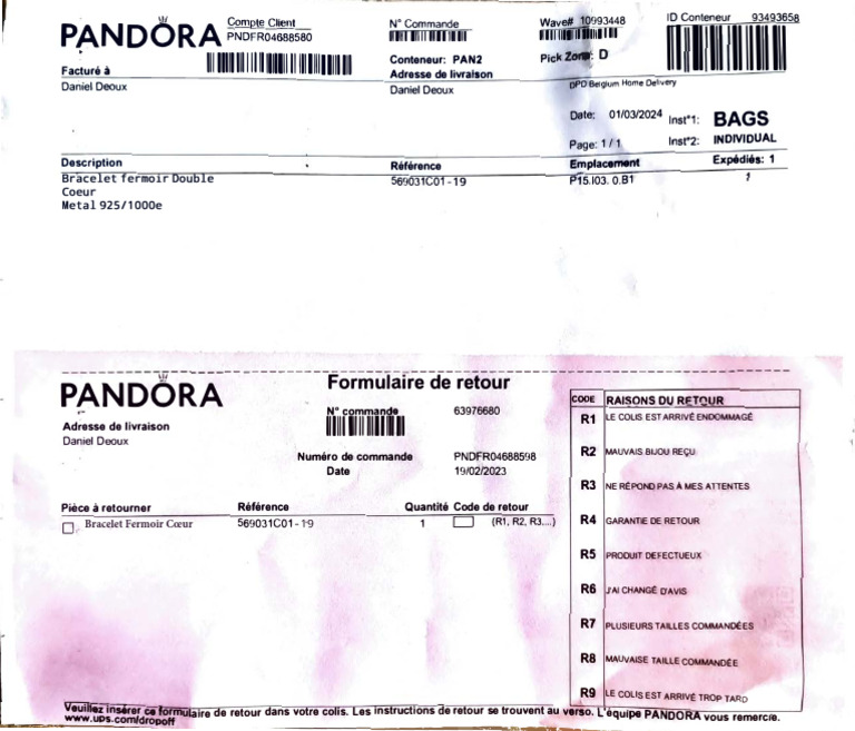 Facture et retour Pandora | PDF