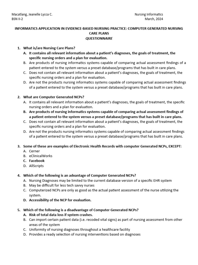 7 Computer Generated Nursing Care Plans Questionnaire | Download Free ...
