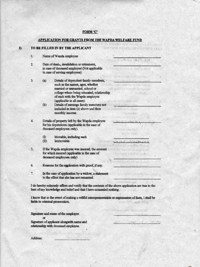 Form-C Application For Grants From The WAPDA Welfare Fund | PDF