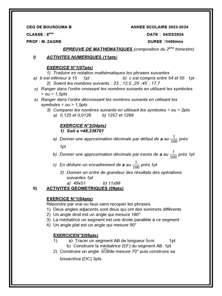 Épreuve de maths 6ème - 2ème trimestre | PDF