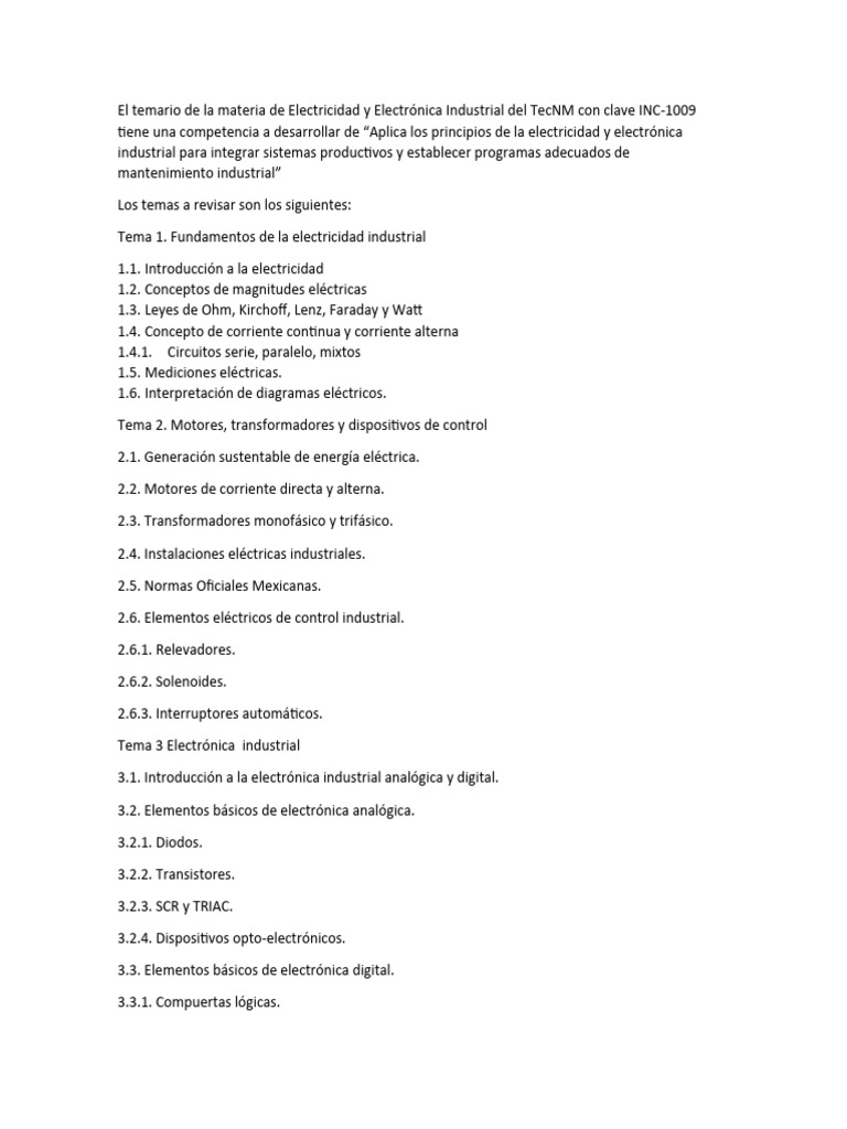 El temario de la materia de Electricidad y Electrónica Industrial del ...