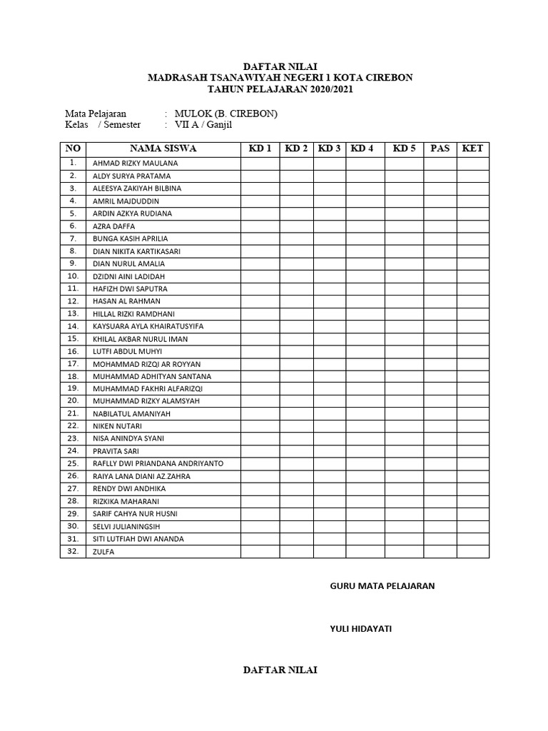 Blangko Daftar Nilai PH | PDF