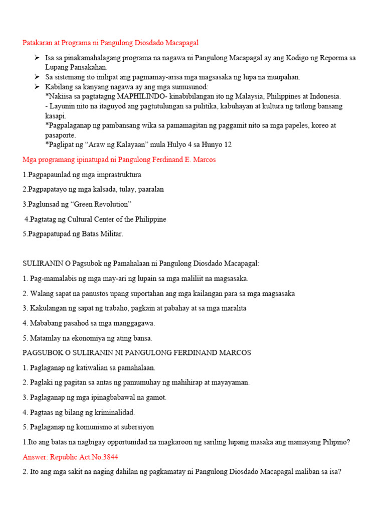 Patakaran at Programa Ni Pangulong Diosdado Macapagal | PDF