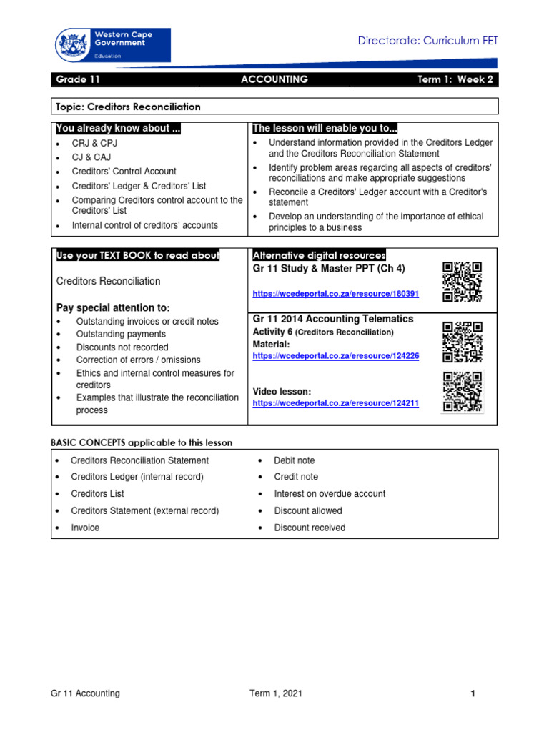 GR 11 Acc T1 Week 2 Cred Recon ENG | PDF | Debits And Credits | Accounting