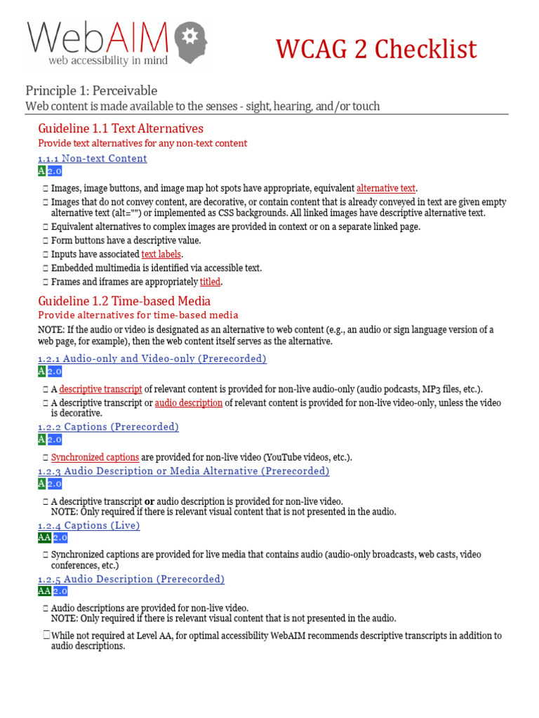 Wcag2 Checklist Pdf Computer Keyboard World Wide Web