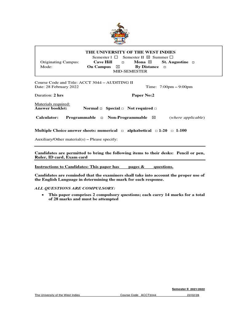 Paper 2-ACCT3044 - MidSem | PDF | Audit | Payroll