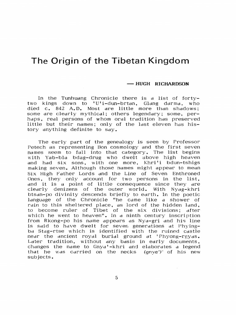 Hugh Richardson - The Origin of The Tibetan Kingdom | PDF | Tibet