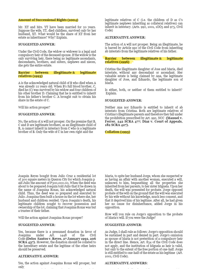 Bar Q and A Reviewer For Finals | PDF | Intestacy | Will And Testament